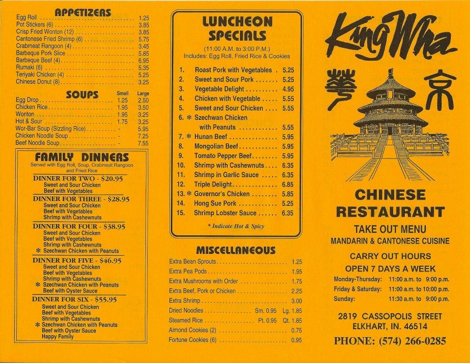 Menu at King Wha Chinese Restaurant, Elkhart