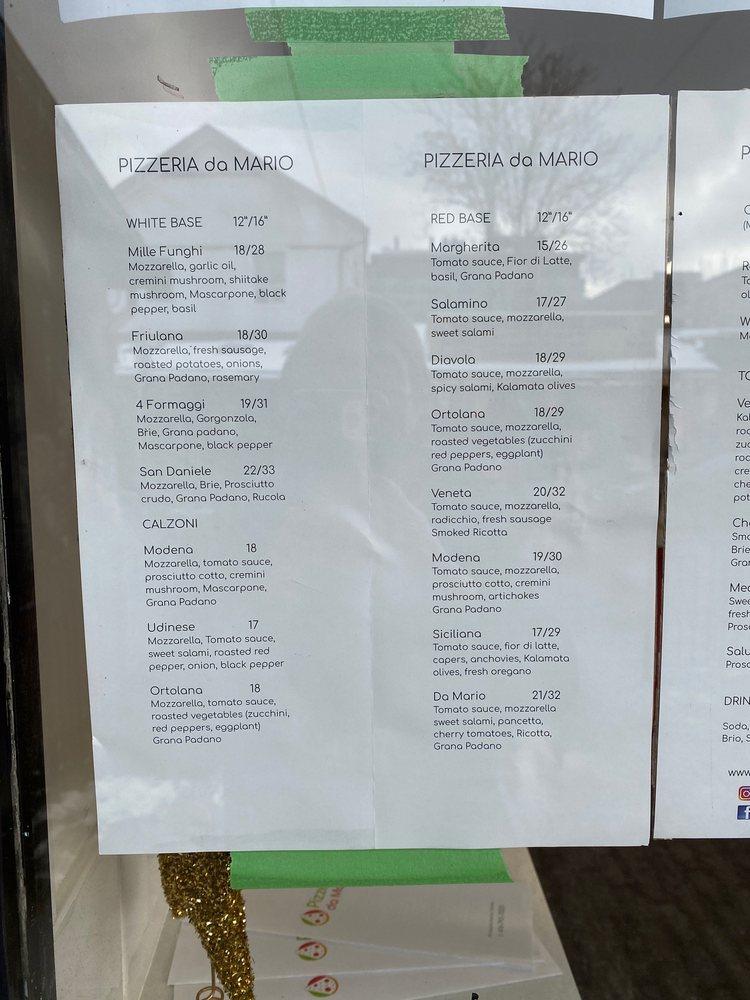 Menu at Pizzeria Da Mario, Toronto
