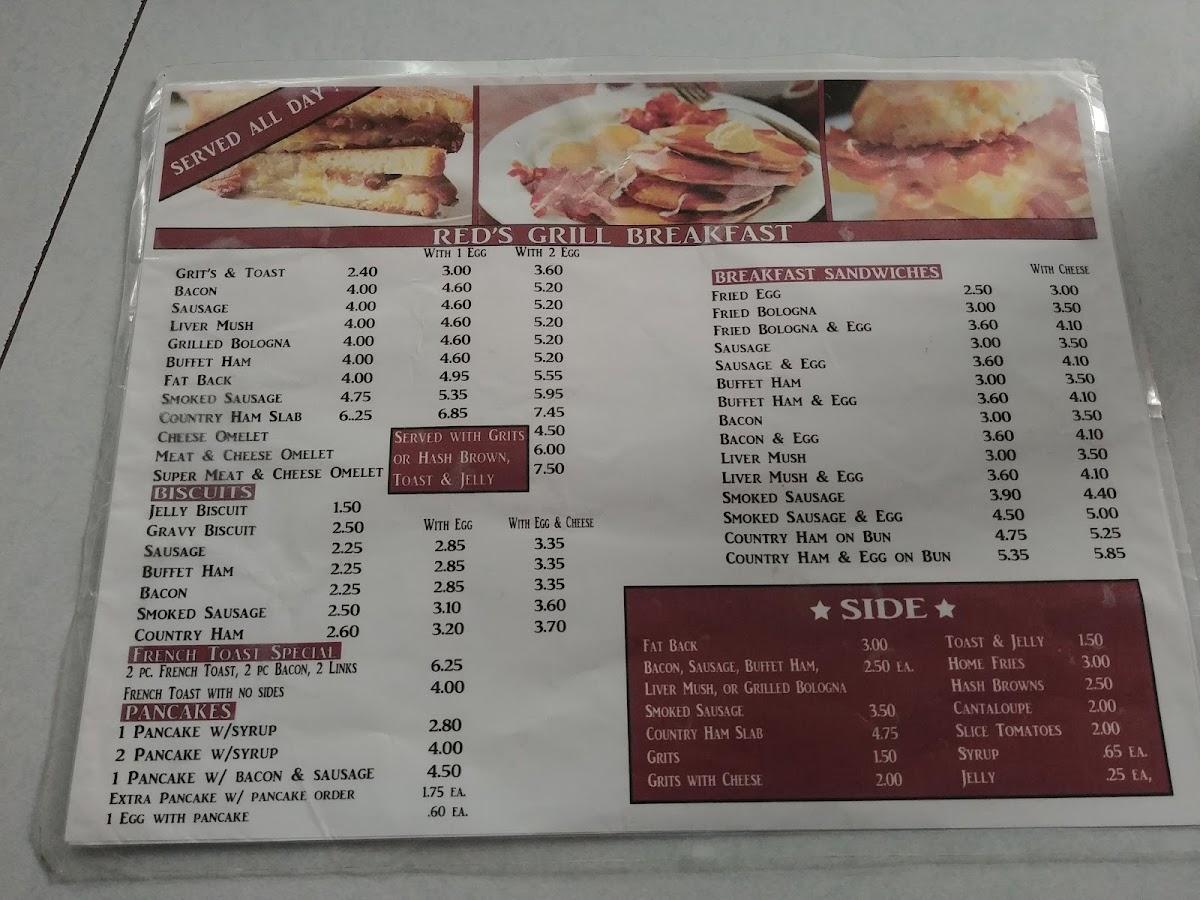 Menu at Red's Grill restaurant, Rock Hill