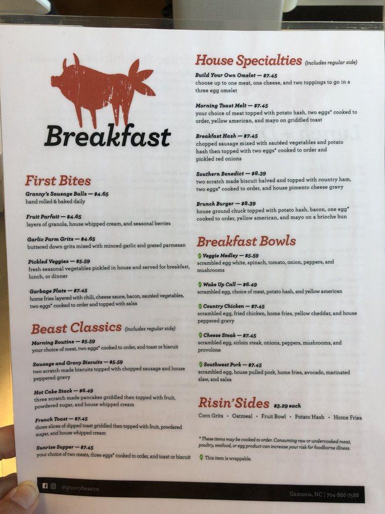 Menu at Groovy Beast restaurant, Gastonia