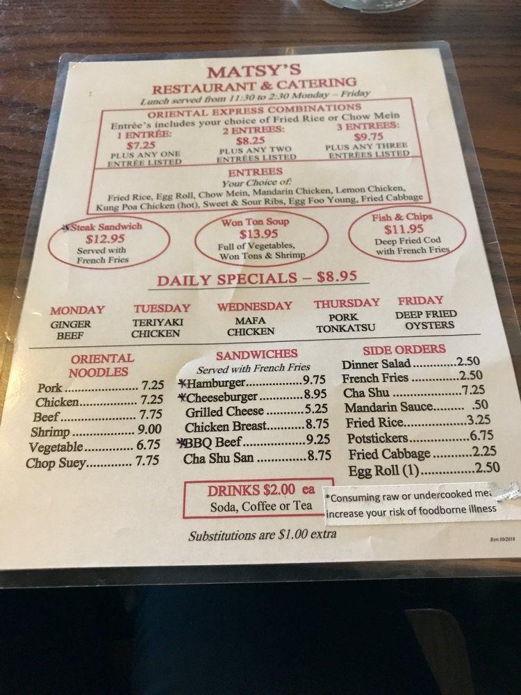 Menu at Matsy's Restaurant & Catering, Ontario