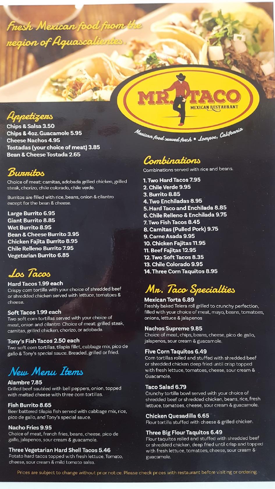 Menu at Mr Taco restaurant, Lompoc