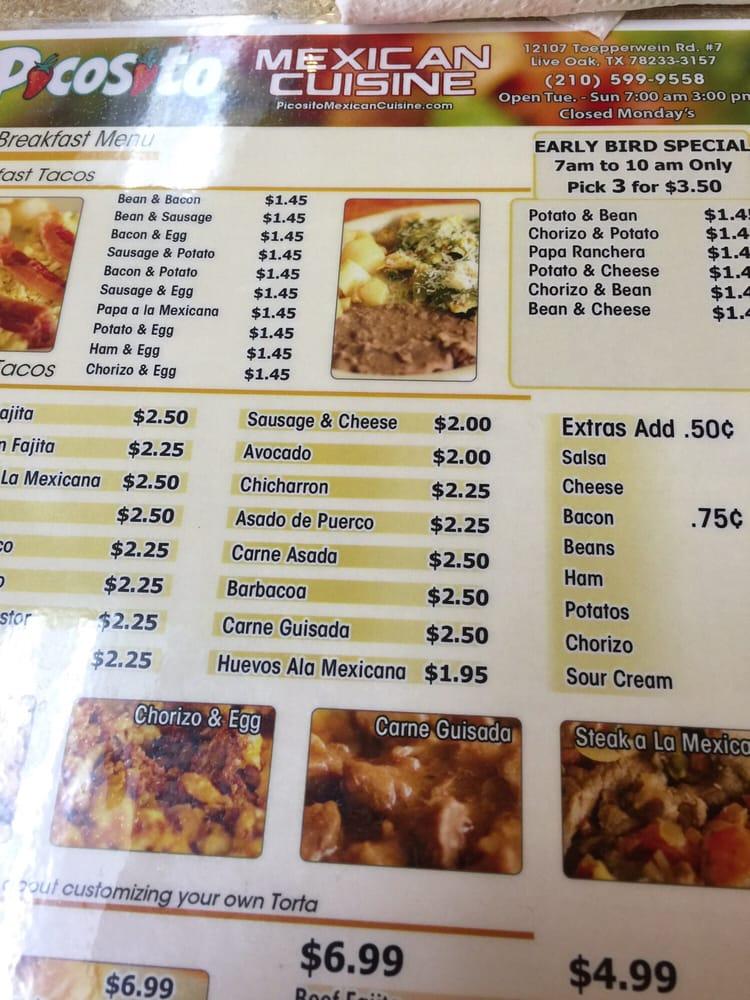Menu at Pollo Picosito Mexican Restaurant, Live Oak
