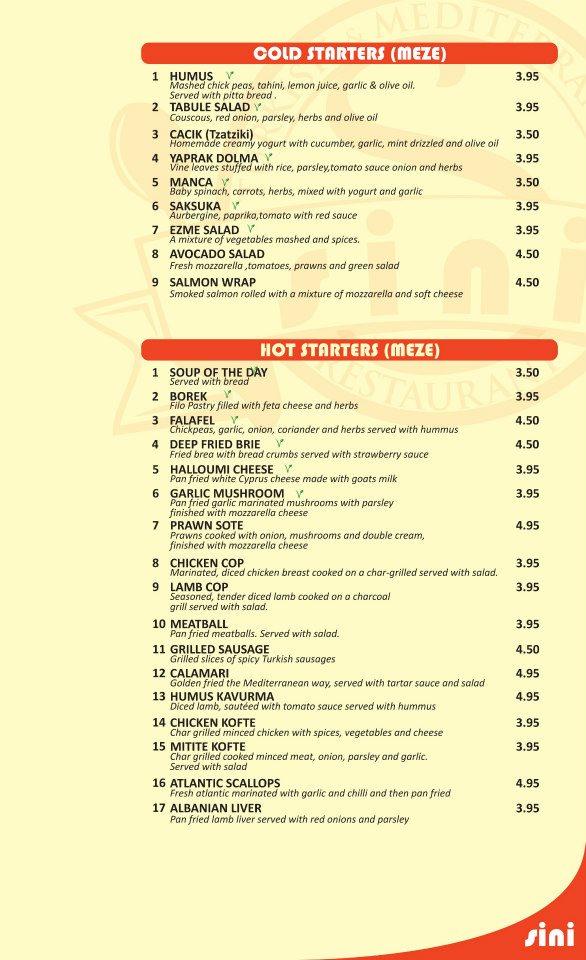 Menu at Sini restaurant, Hove