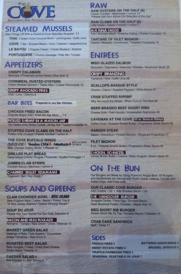 Menu at The Cove Restaurant - Bar - Package Goods, Brigantine ...