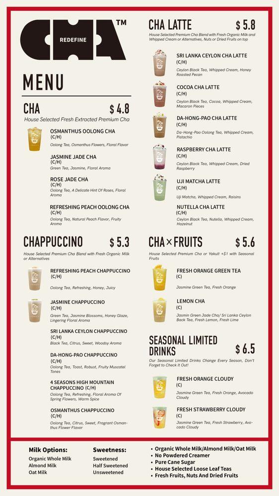 Menu at Cha Redefine restaurant, Pasadena, 20 E Union St