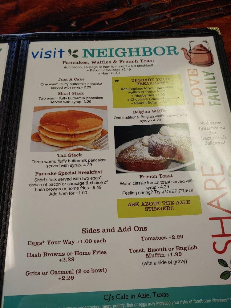 Menu at Cj's Cafe, Azle