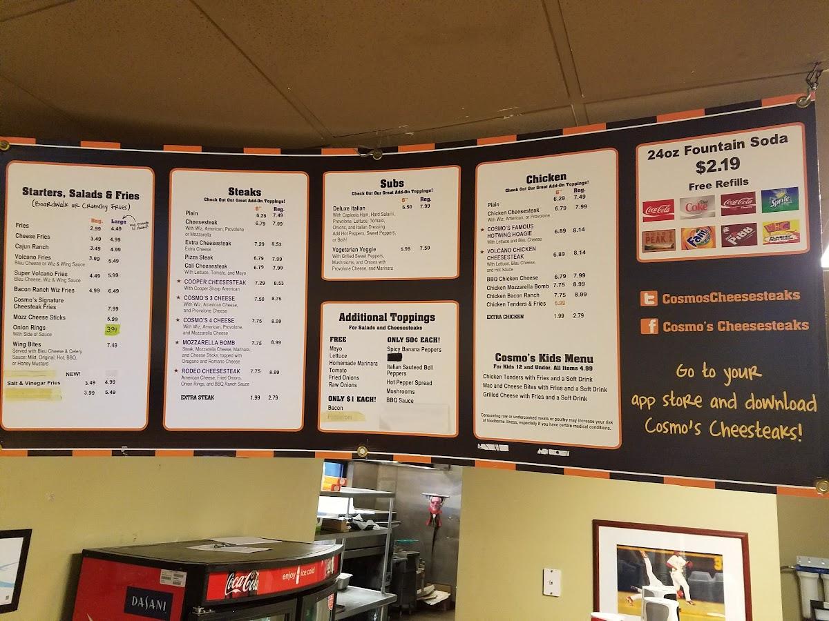Menu at Cosmo's restaurant, Scranton