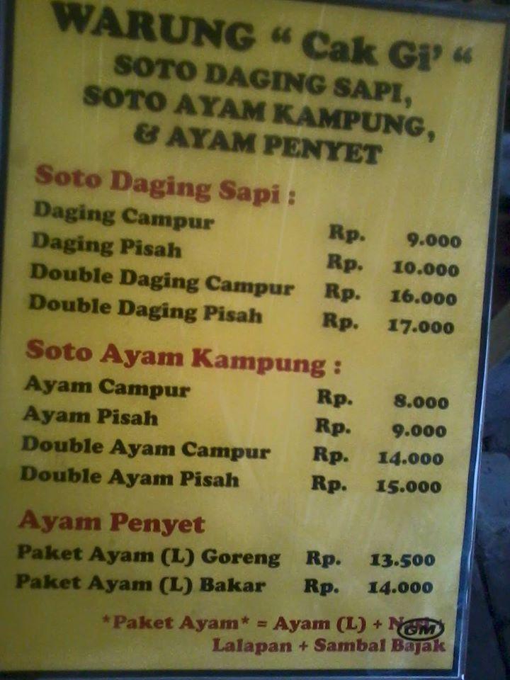 Menu at warung cak gi restaurant, Yogyakarta