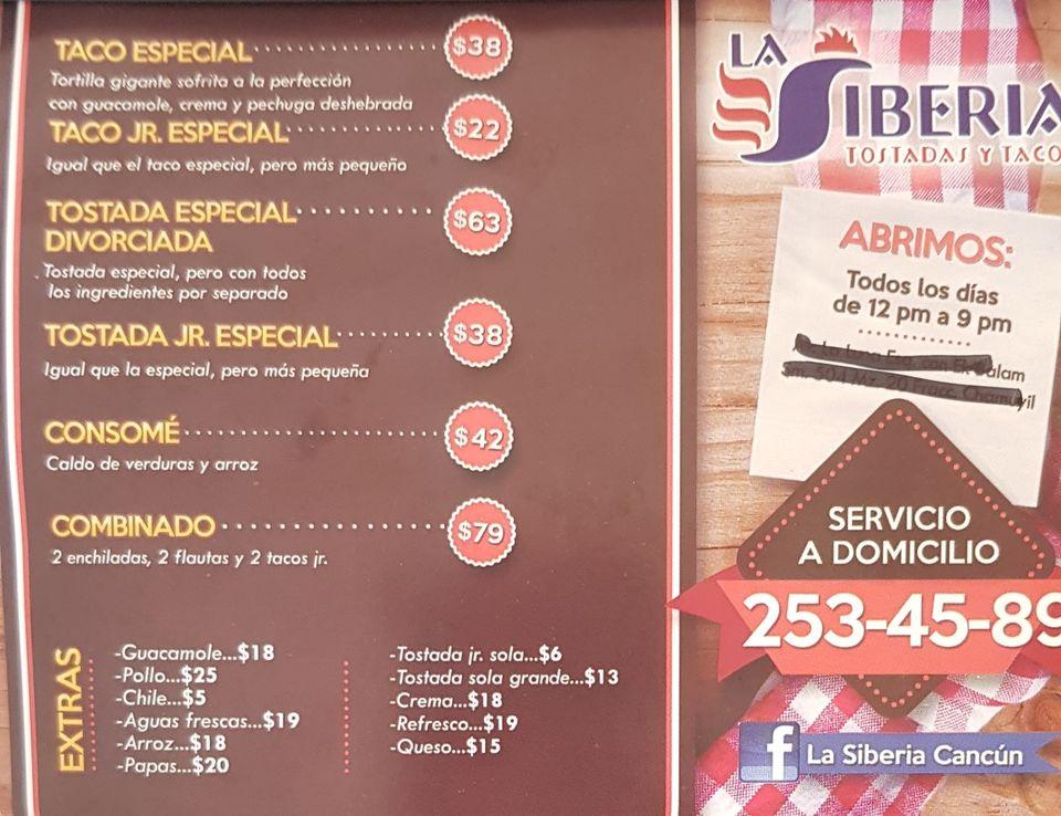 Carta del restaurante La Siberia Cancún, Cancún