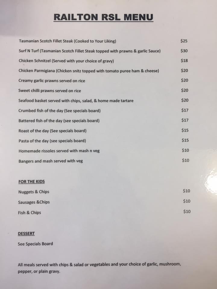 Menu at Railton RSL Restaurant, Railton