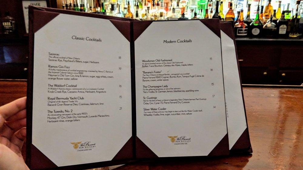 Menu at The Sazerac Bar, New Orleans