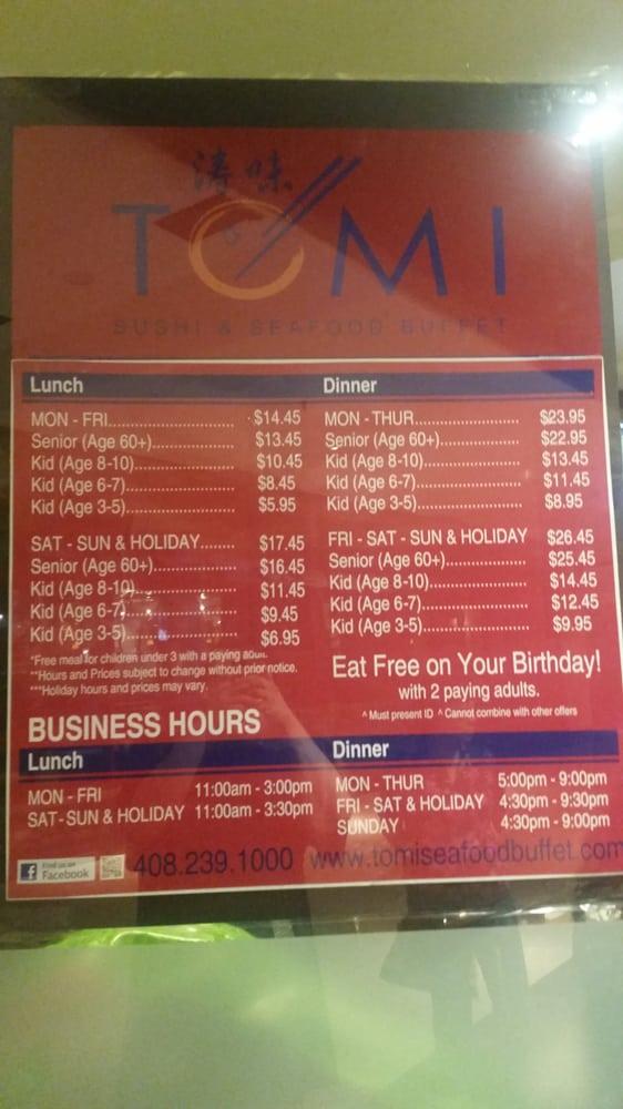 Menu at Tomi Sushi & Seafood Buffet restaurant, San Jose, Eastridge ...