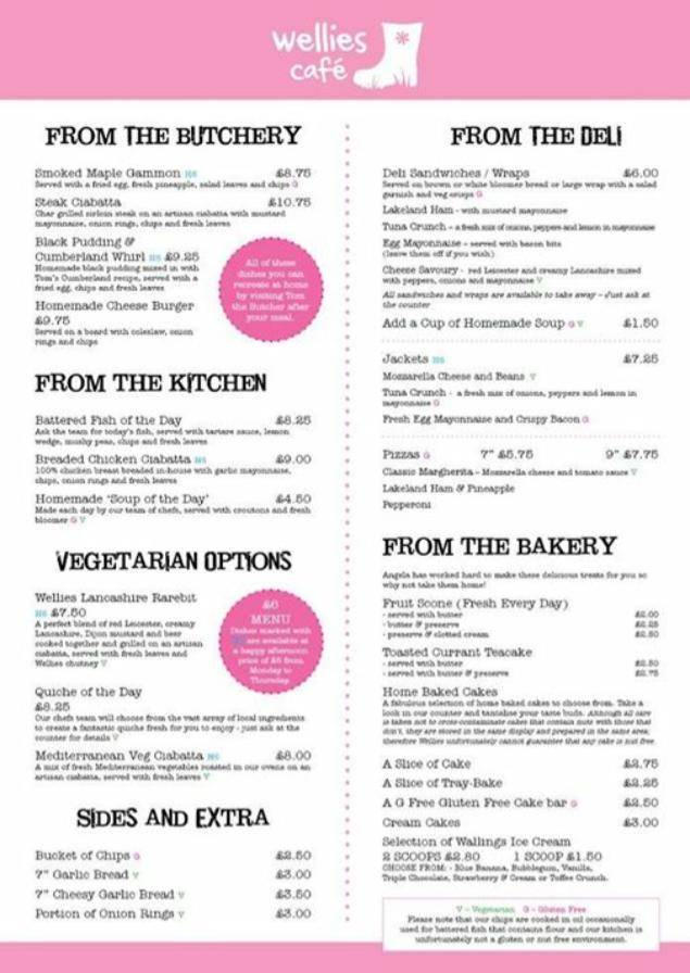 Menu at Wellies Cafe, Carnforth