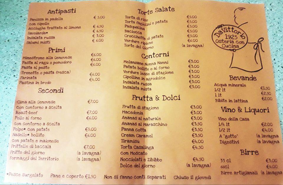 Menu au Da Vittorio restaurant, Chiavari