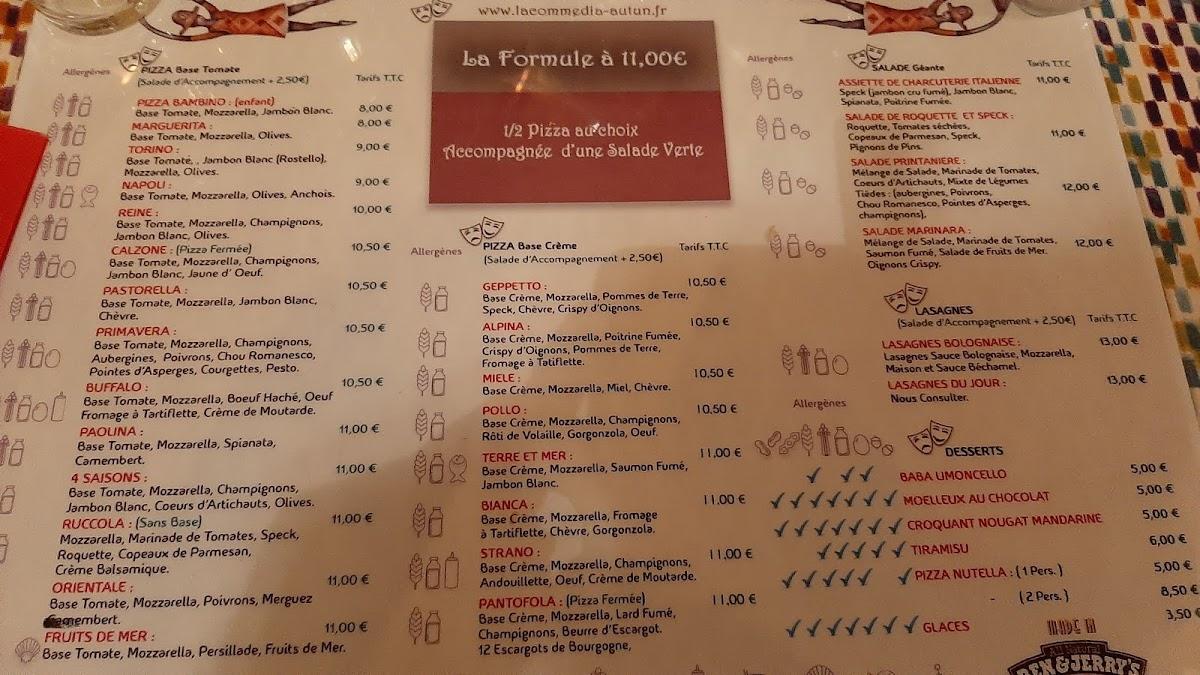 Menu at La Commedia restaurant, Autun
