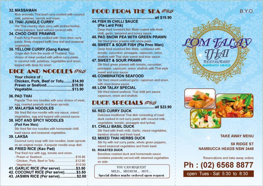 Menu at Lom Talay Thai Restaurant, Nambucca Heads