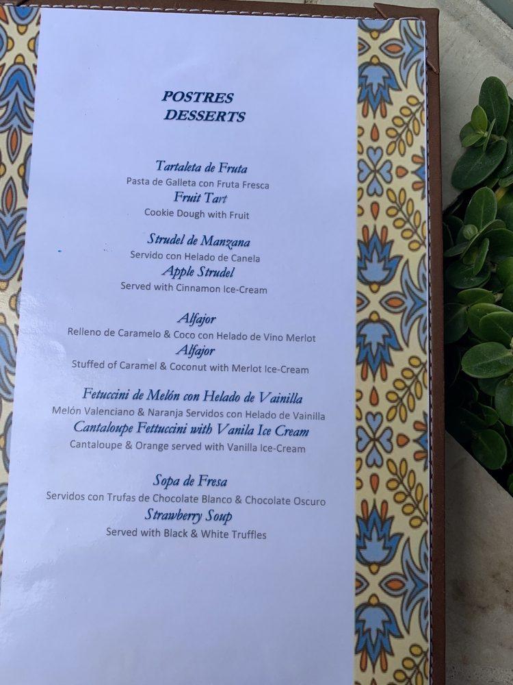 Carta del restaurante Azur, Cancún