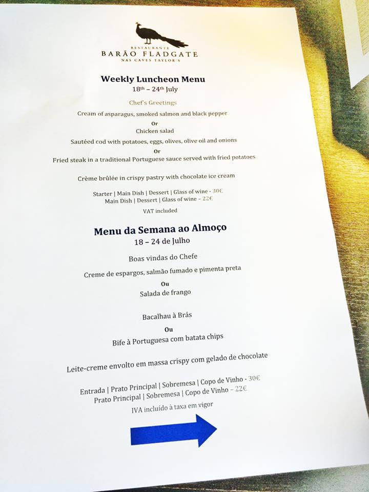 Menu at Barão Fladgate, Vila Nova de Gaia