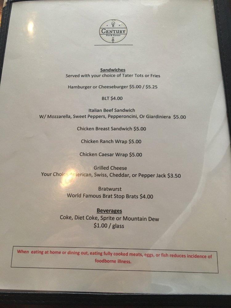 Menu at Century Pub and Eatery, Kenosha