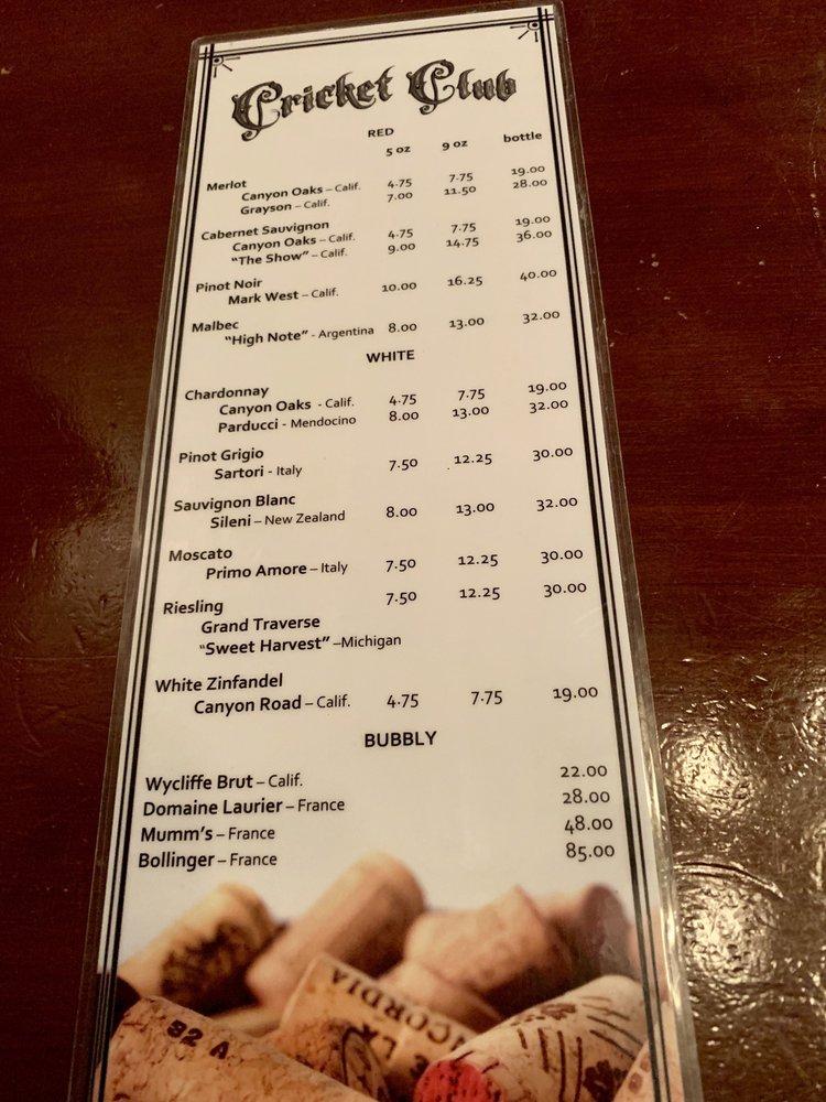 Menu at Cricket Club, Battle Creek