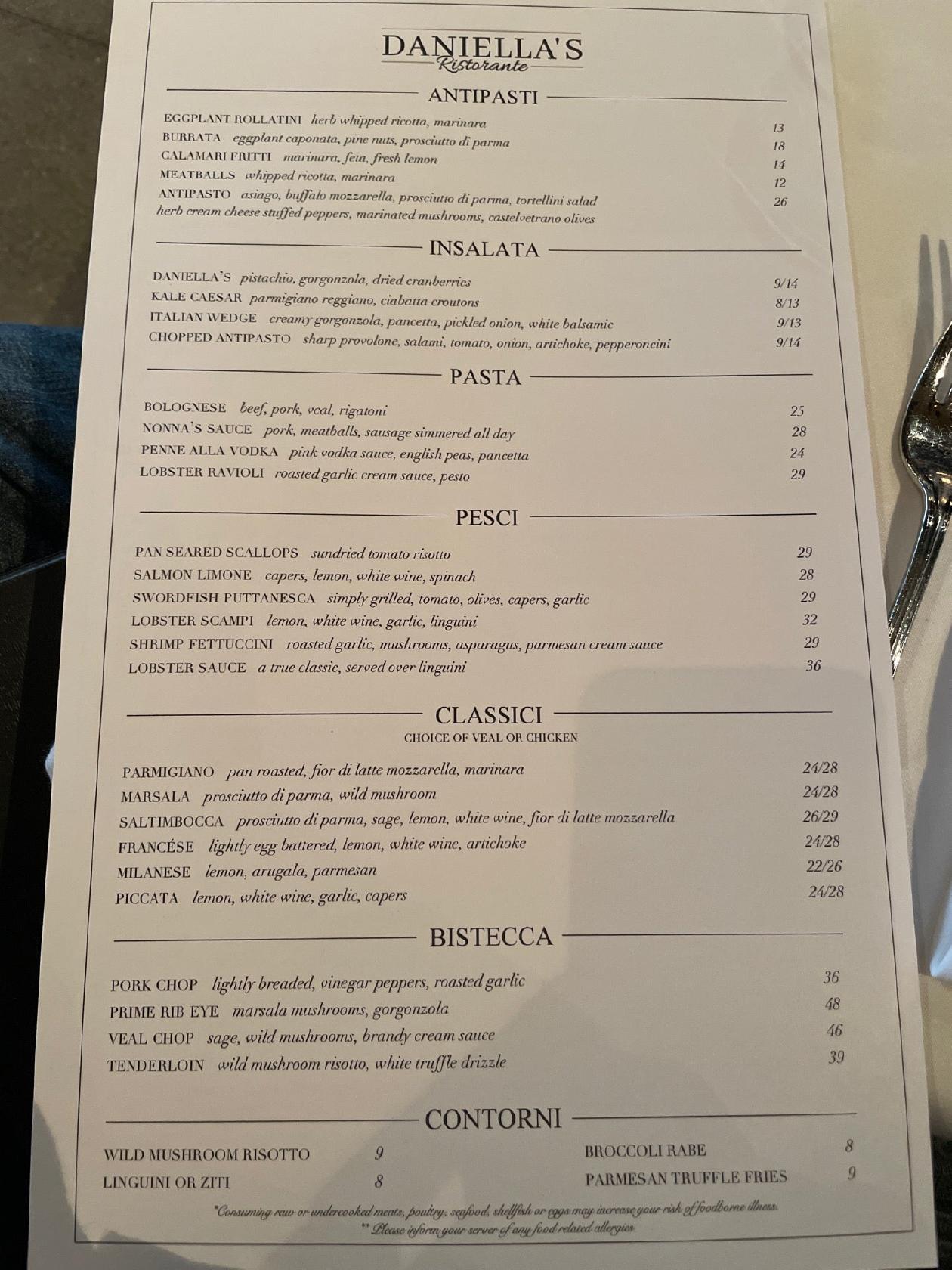 Carta del pub y bar Daniella's Ristorante, Peabody