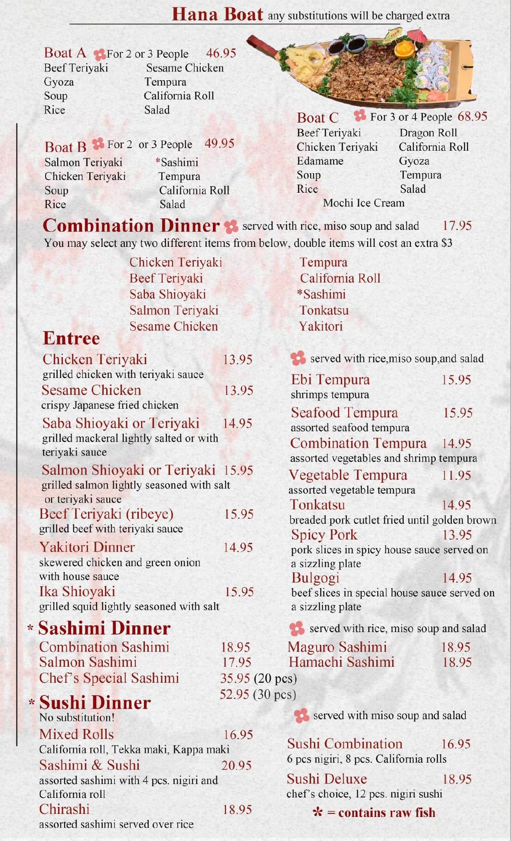 Menu at Hana Sushi restaurant, Stockton