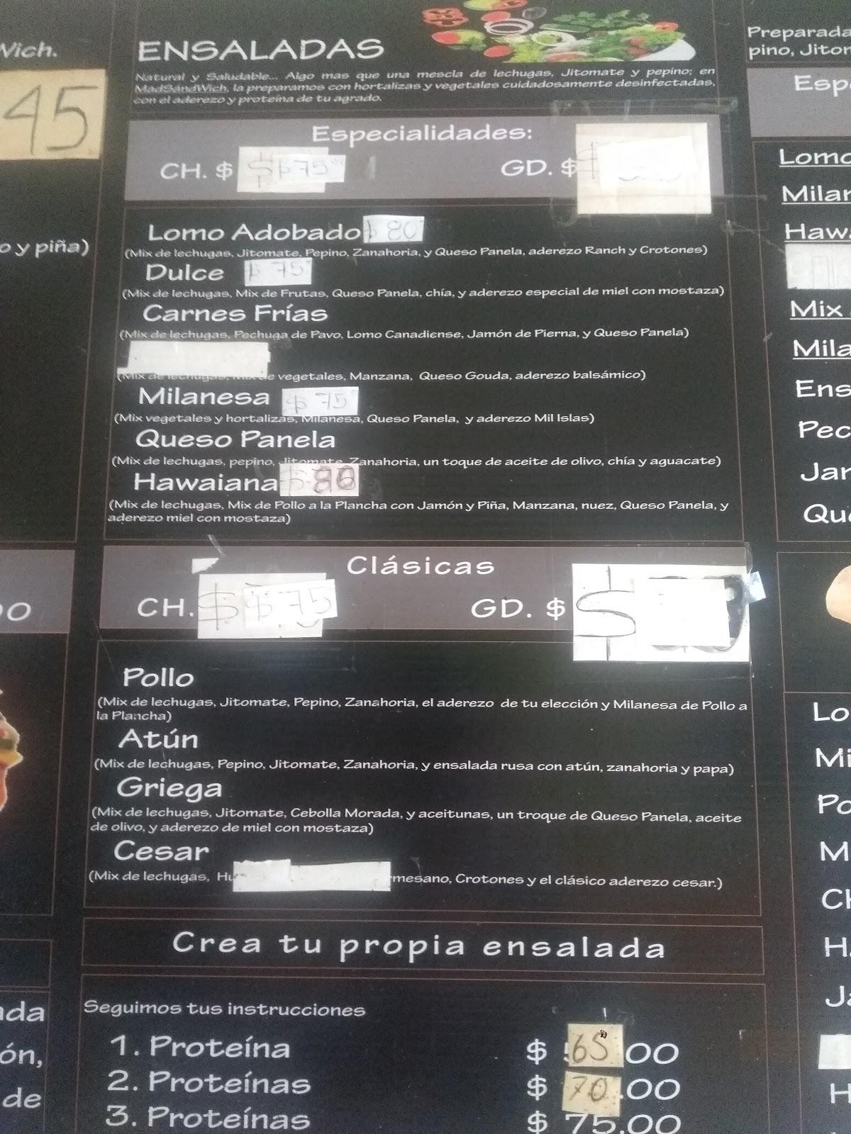 Menu at Mad Sandwich restaurant, Naucalpan