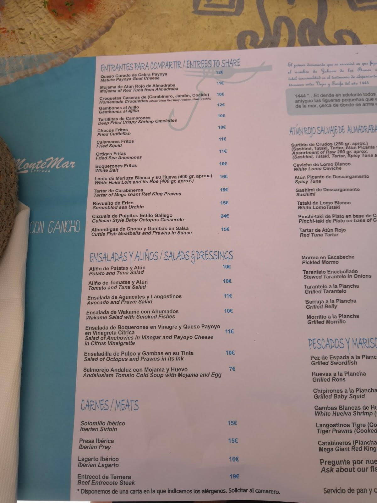 Carta del restaurante Terraza Montemar, Zahara del los Atunes