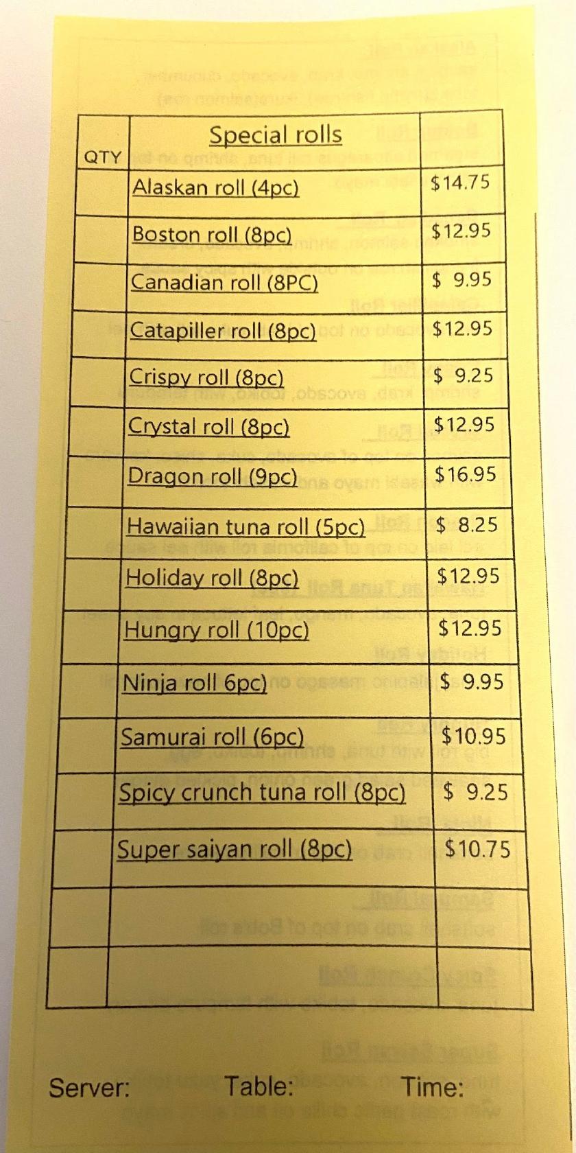 Menu at Sakura restaurant, Indianapolis