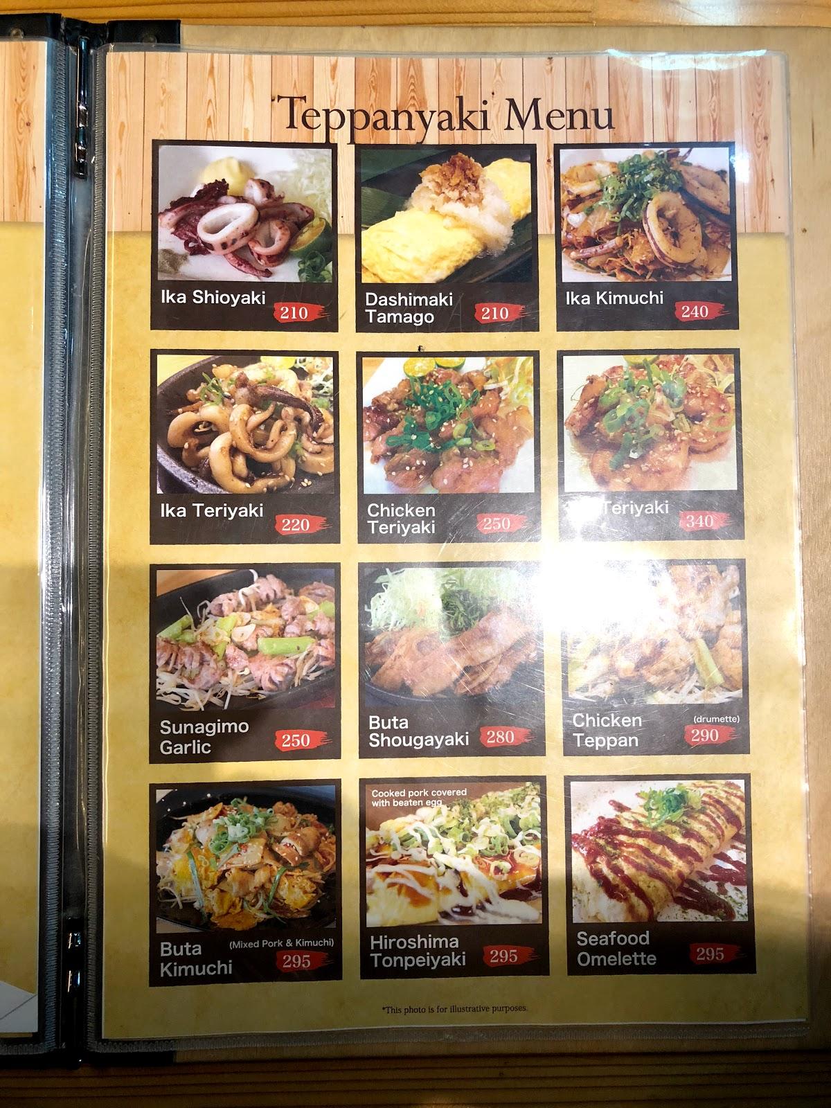 Menu at Teppan okonomiyaki restaurant, Mandaue City, 8WRC+M39