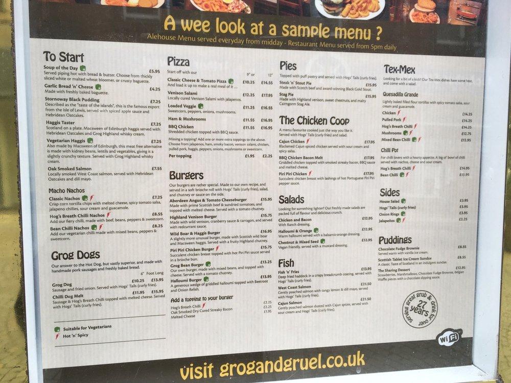 Menu at The Grog & Gruel pub & bar, Fort William