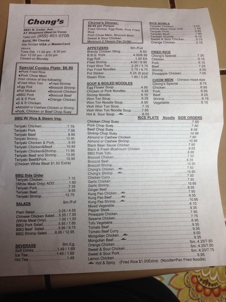 Menu at Chong's Chinese Bar'b'que & Salads, Fresno