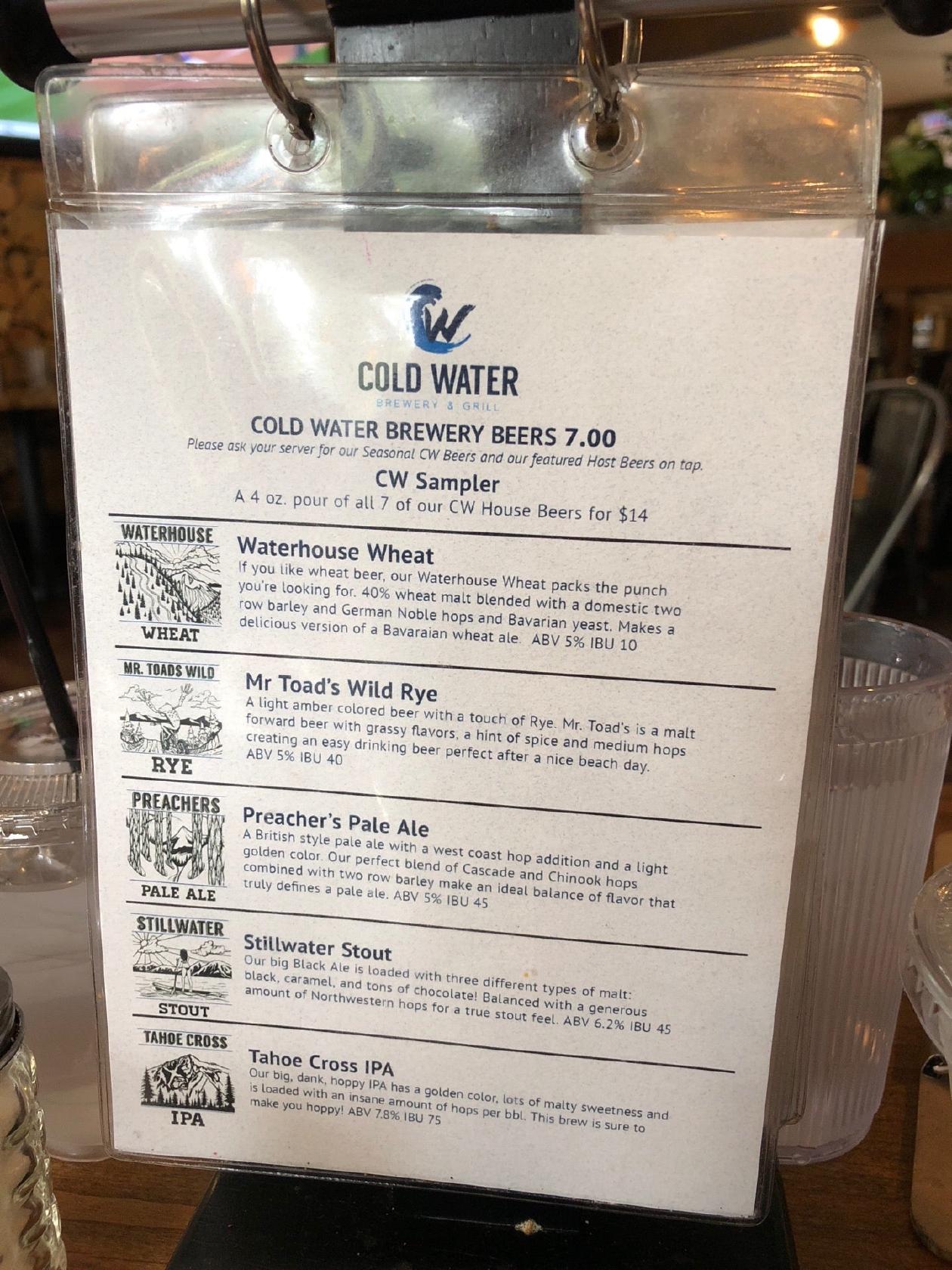 Menu at Cold Water Brewery and Grill pub & bar, South Lake Tahoe