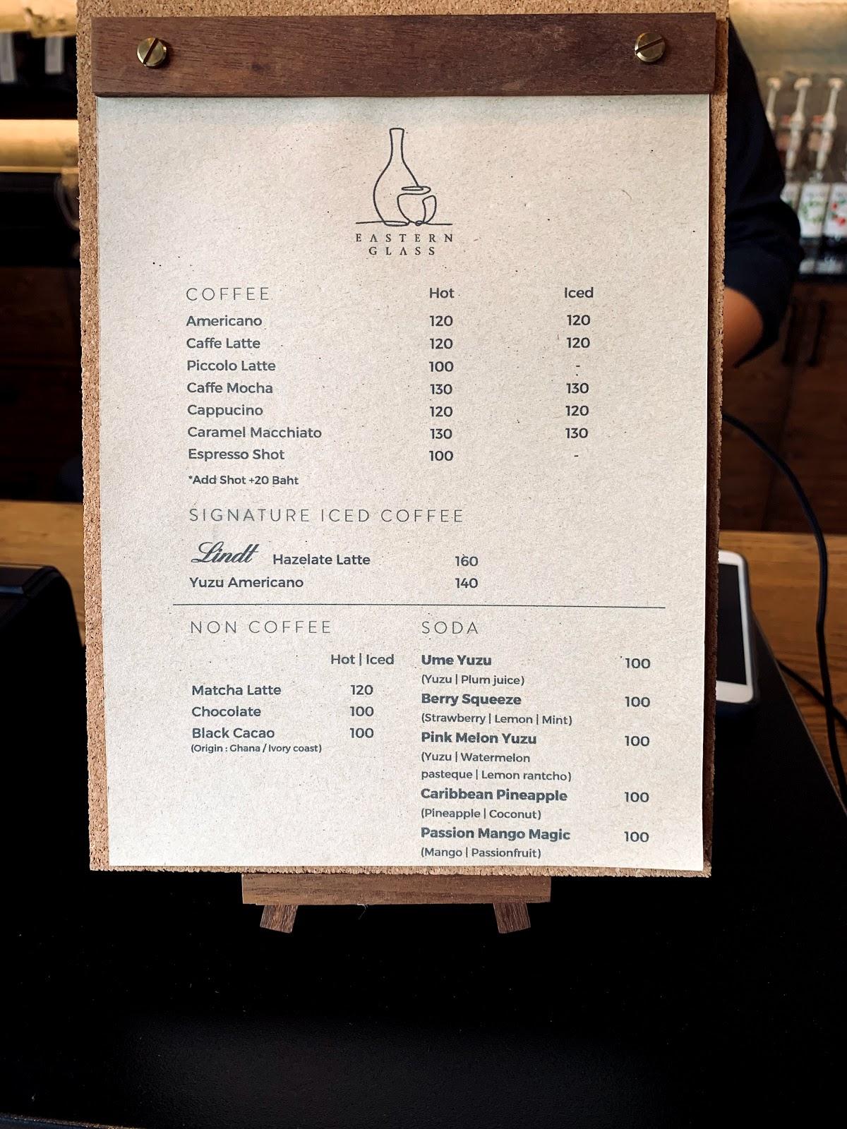 Menu at Eastern Glass Cafe, Bangkok