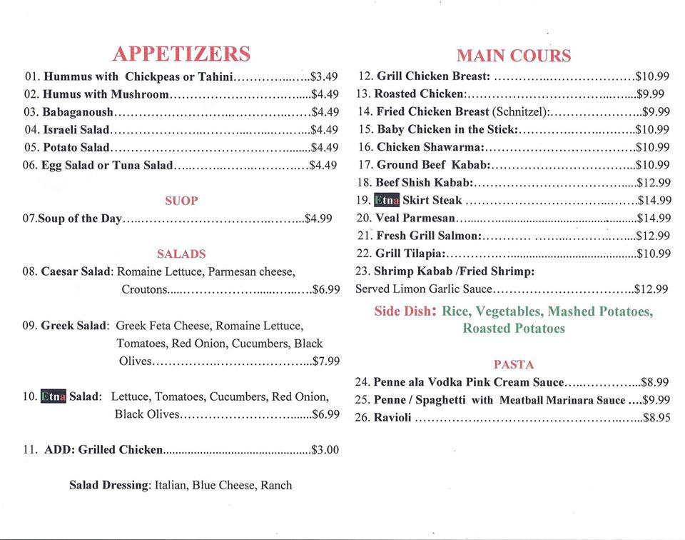 Menu at Etna Restaurant, Hollywood
