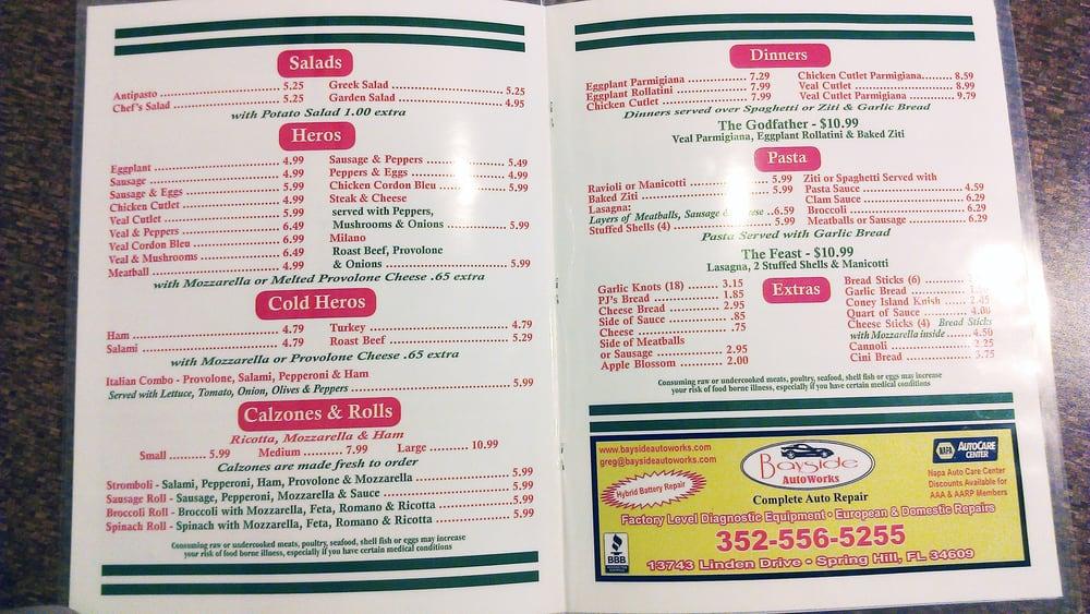 Carta de pizzería PJ's Brick Oven Pizza Spring Hill, Spring Hill