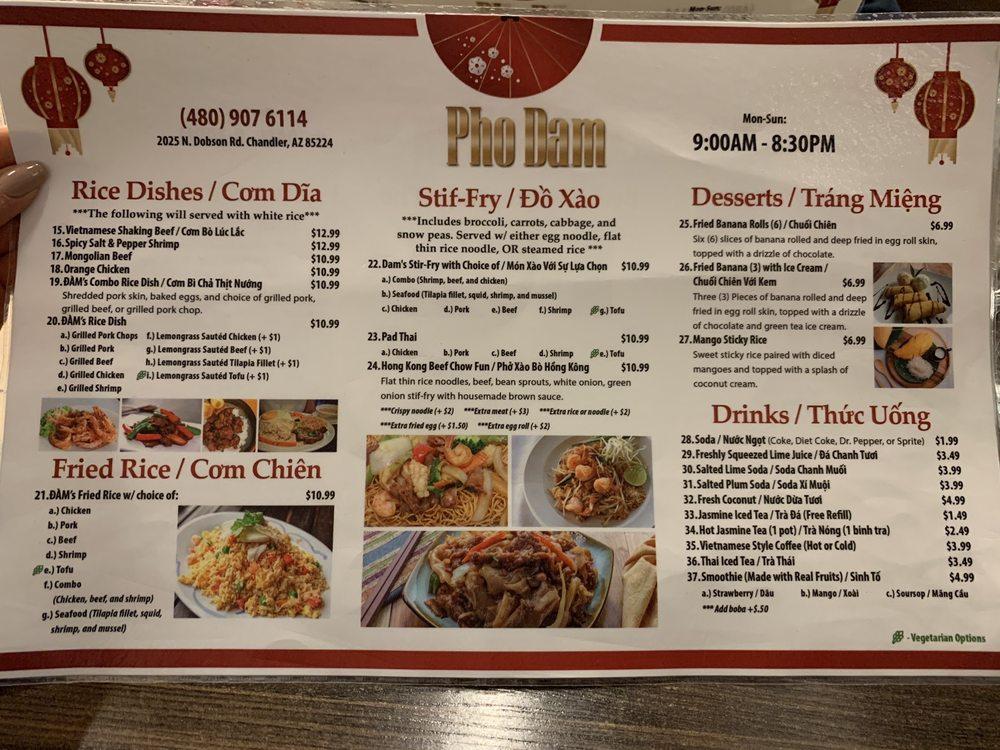 Menu at Pho Dam restaurant, Chandler