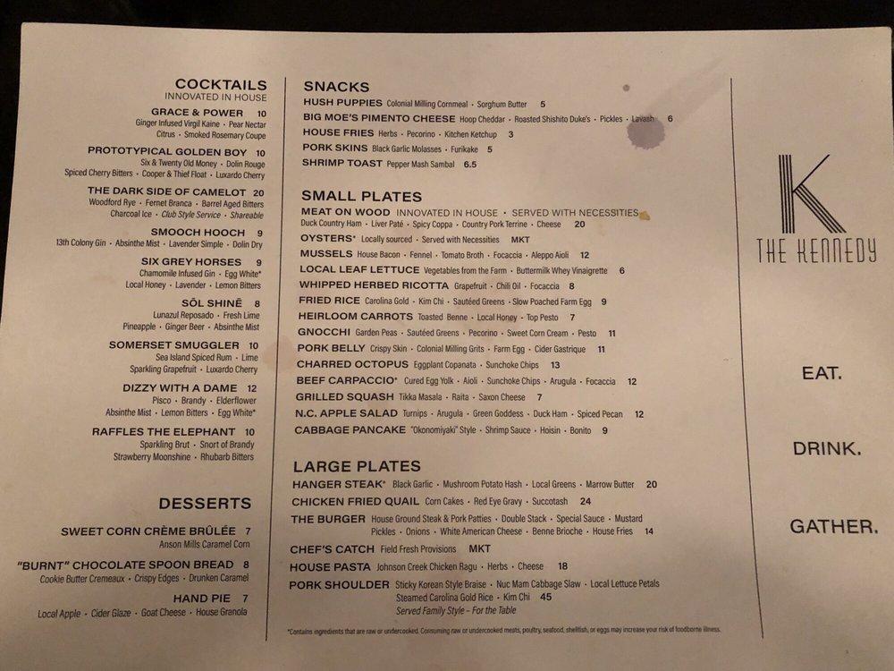 Menu at The Kennedy restaurant, Spartanburg