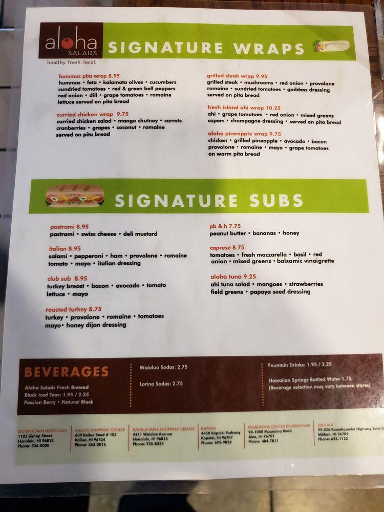 Menu at Aloha Salads restaurant, Honolulu, Waialae Ave # 7050