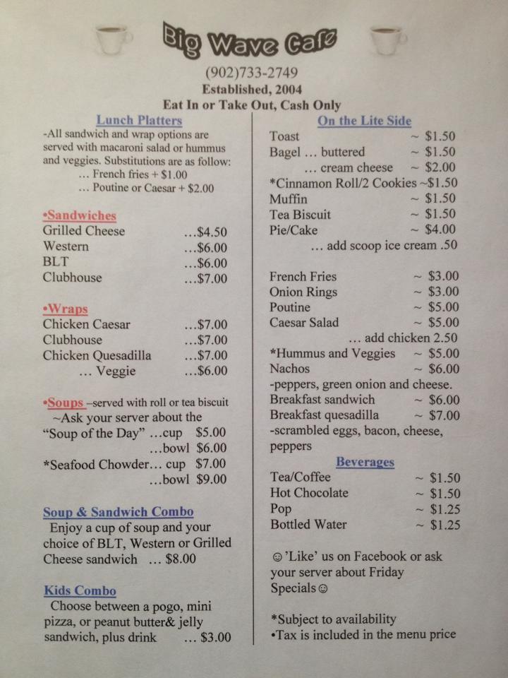 Menu at Big Wave Cafe, Main-a-dieu