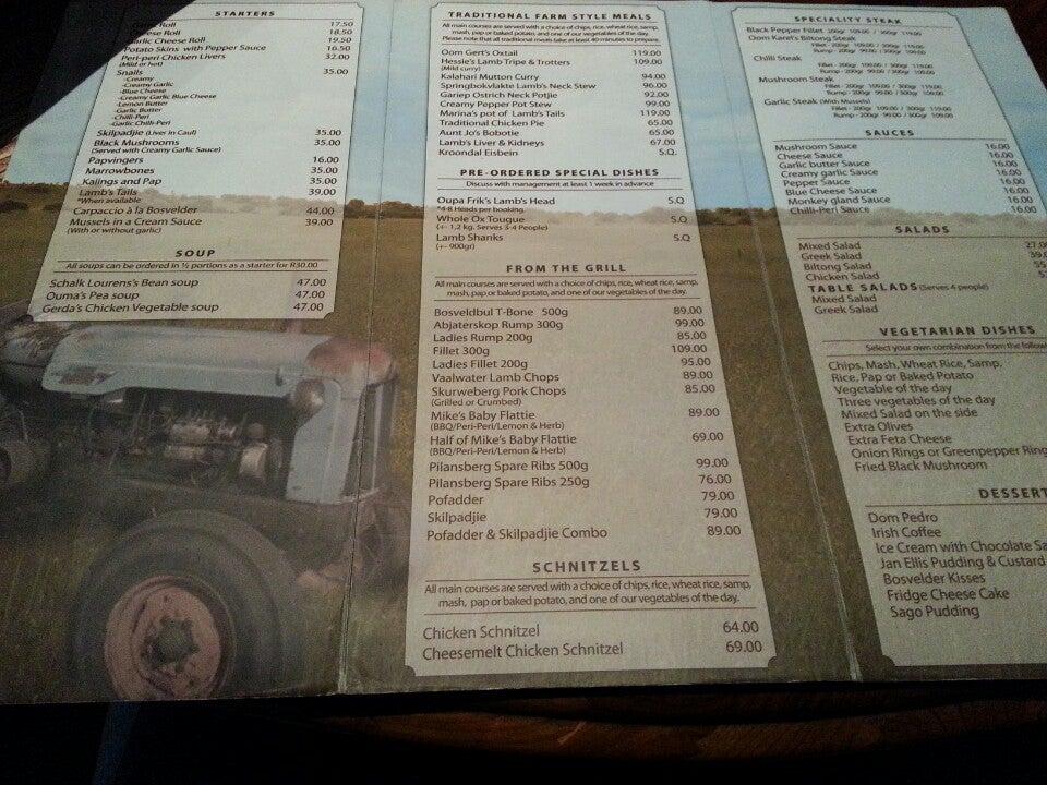Menu at Bosvelder Pub & Restaurant, Centurion