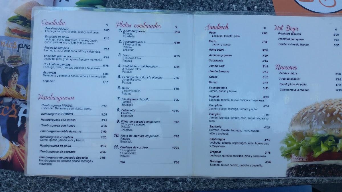 Carta del restaurante Comics, Gandia, Pl. del Prado