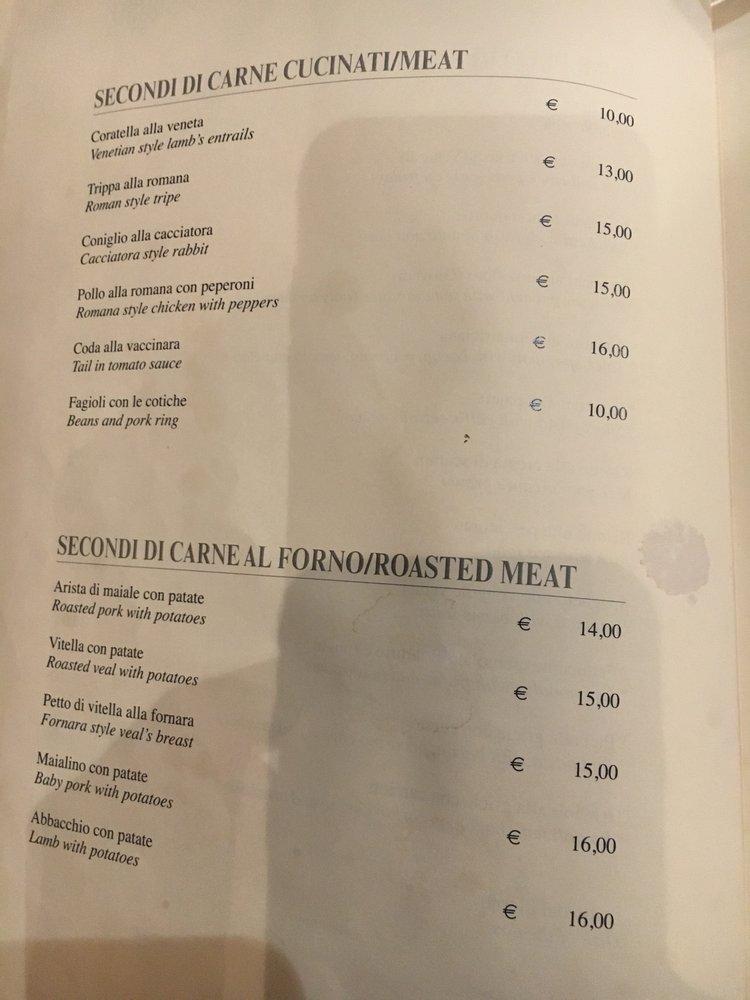 Menu at Da Bucatino restaurant, Rome