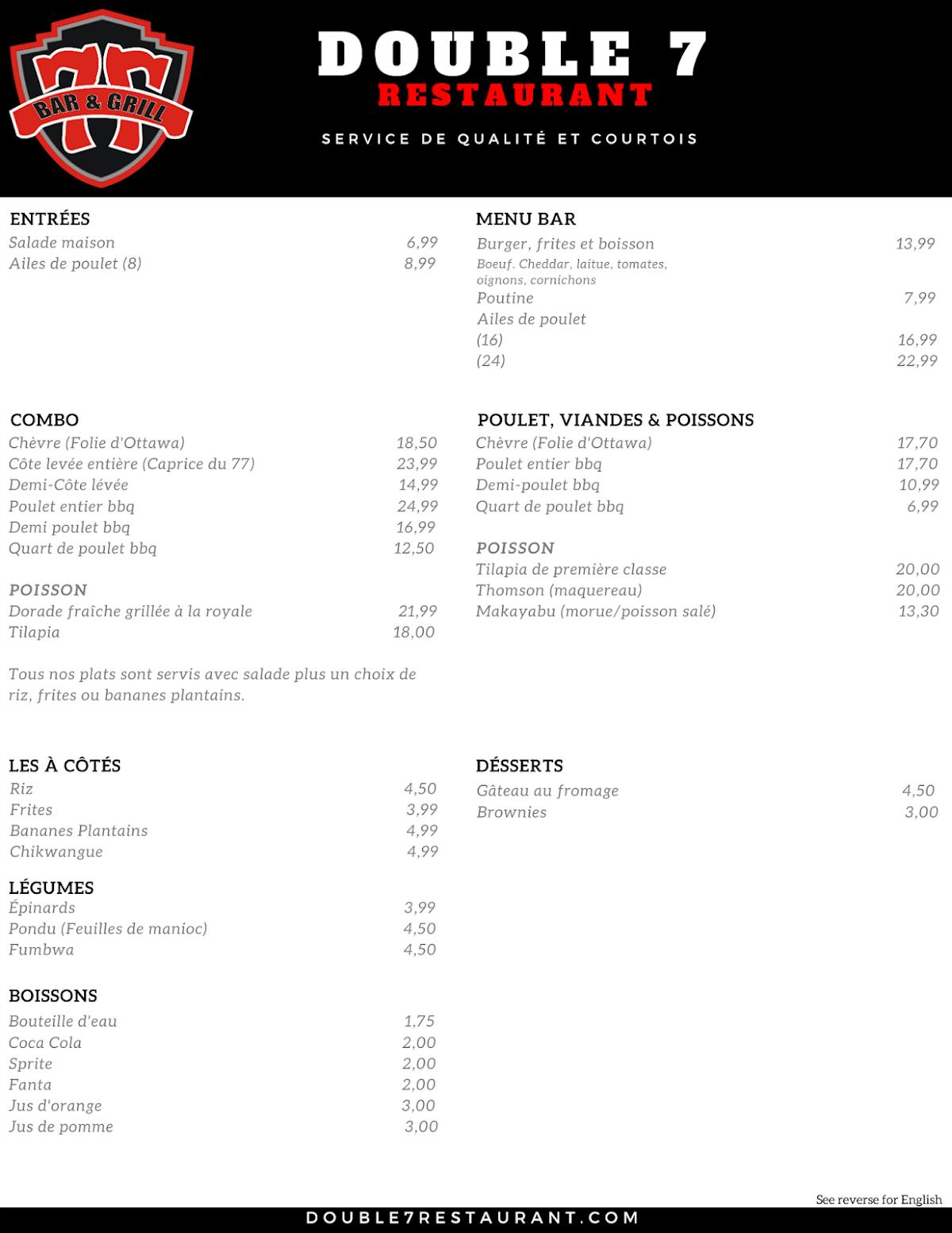 Menu at Double 7 restaurant, Ottawa