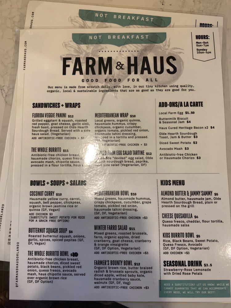 Menu at Farm & Haus East End Market restaurant, Winter Park