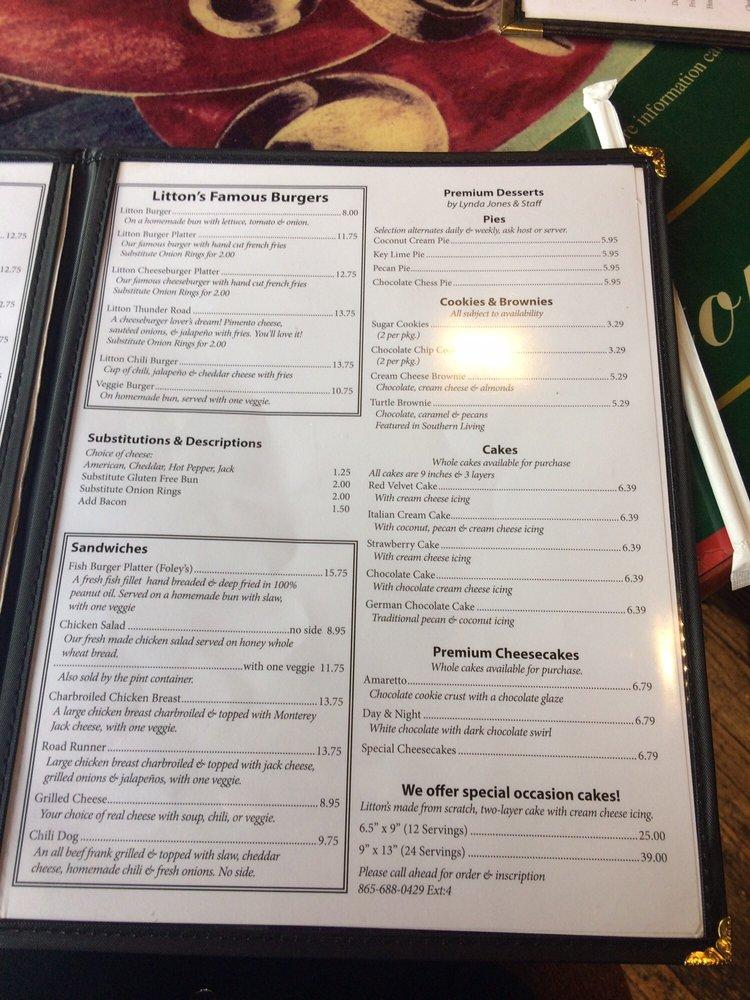 Menu at Litton's restaurant, Knoxville