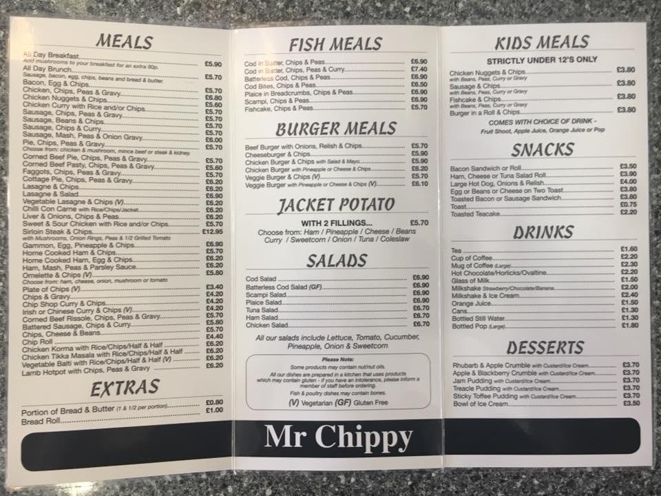 Menu at Mr Chippy fast food, Cwmbran
