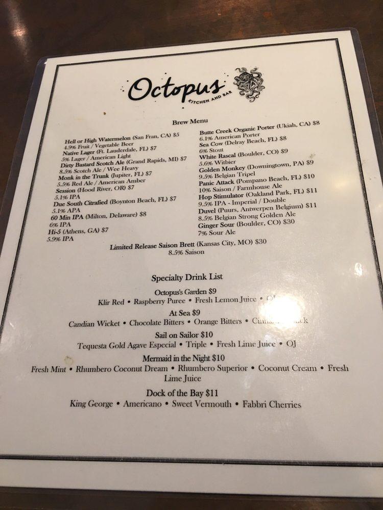 Menu at Octopus Lobby Bar at Plunge, Lauderdale-by-the-Sea