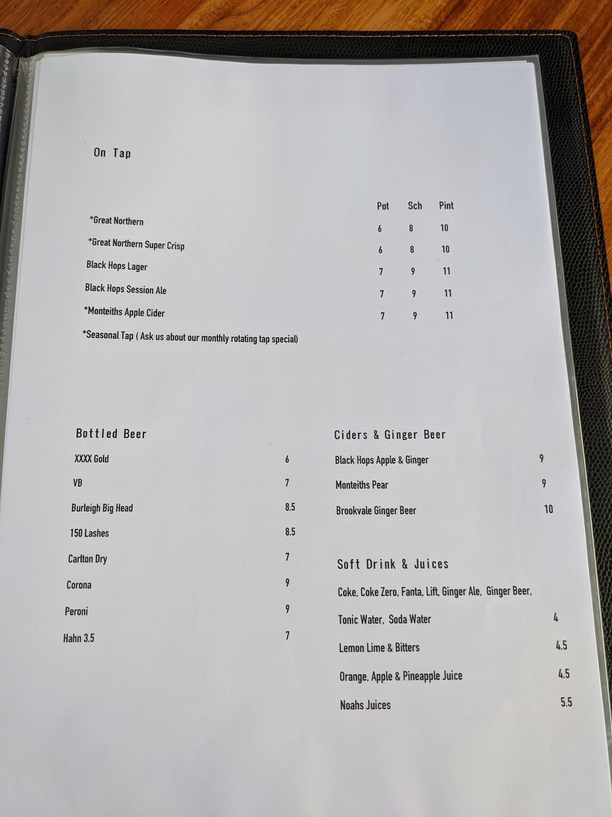 Carta de Paradiso Rooftop Bar & Restaurant, Airlie Beach